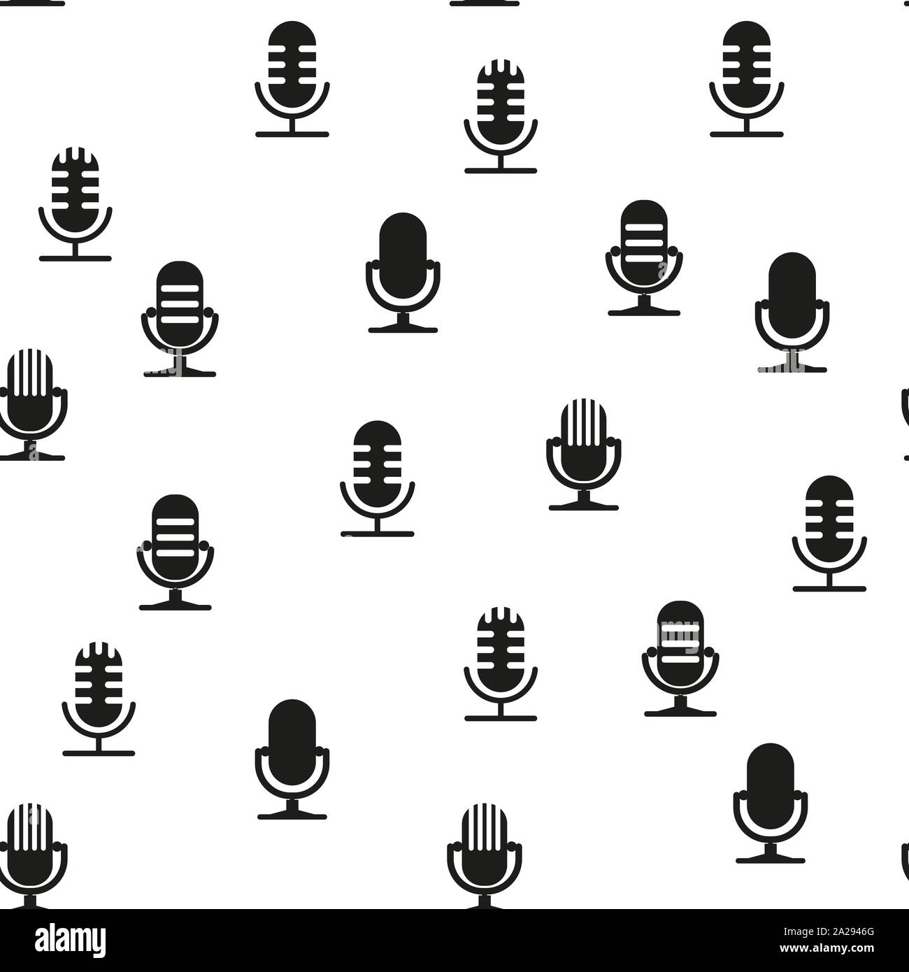 Black Microphone icon isolated seamless pattern on white background. On ...