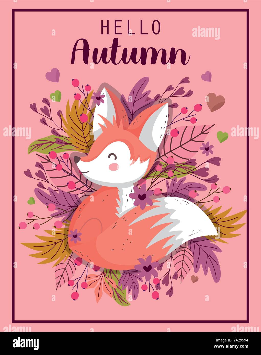 fox foliage flower hearts hello autumn leaves season poster vector ...