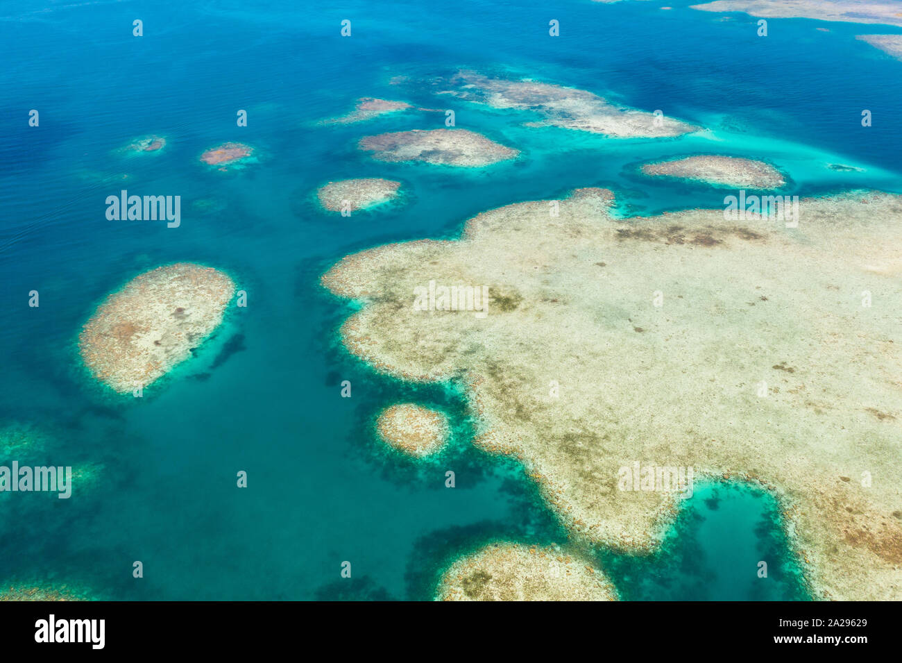 Coral reefs and lagoons, top view. Atolls and turquoise sea water. Sea ...