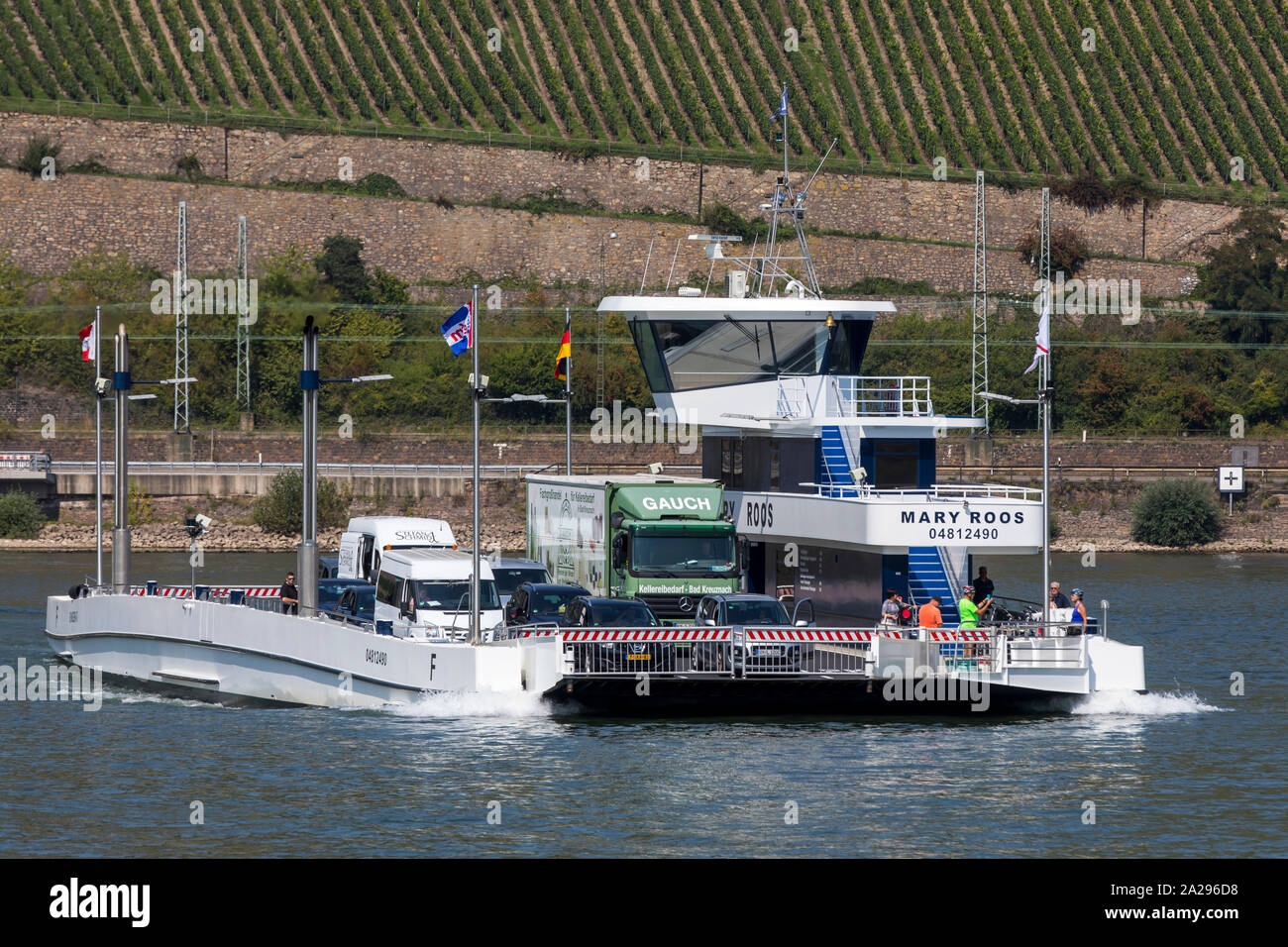 Car ferry on the Rhine, operates between Bingen and Rüdesheim, Germany ...