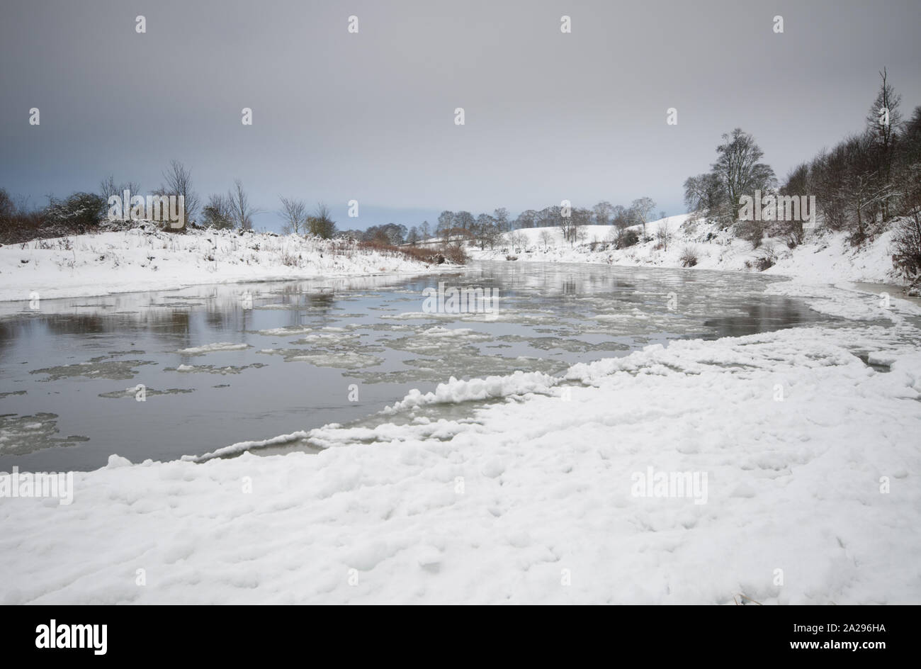 The River Tweed frozen over at Ladykirk, Scottish Borders Stock Photo ...