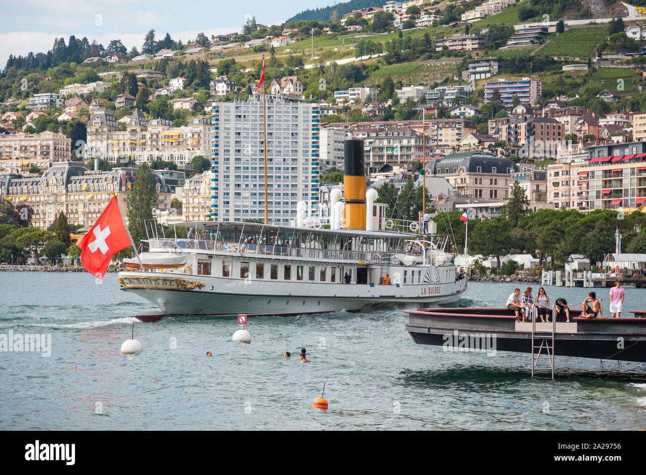 The most beautiful steam boat called La Suisse with Swiss flag waving ...