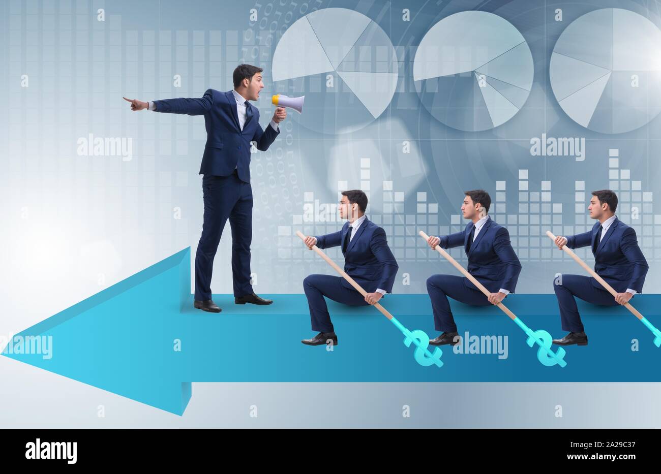 The team of businessmen in teamwork concept with boat Stock Photo - Alamy