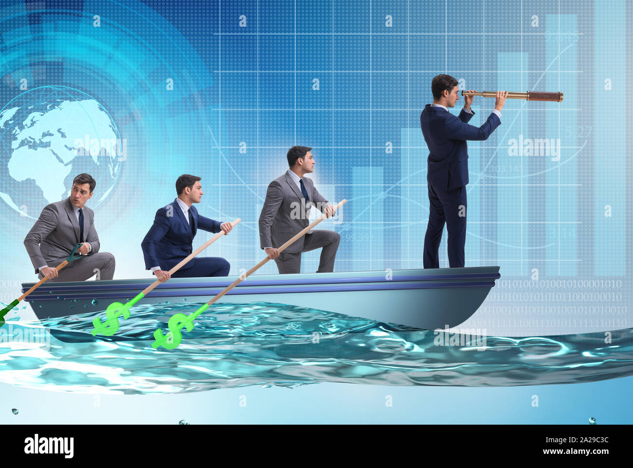 Team of businessmen in teamwork concept with boat Stock Photo - Alamy
