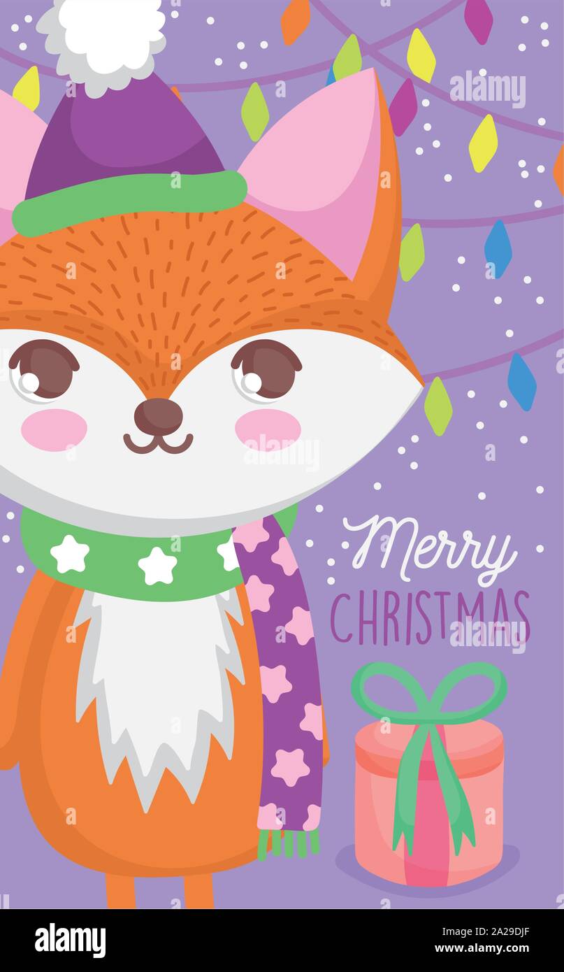 cute fox light garland gift snow happy christmas tags vector ...