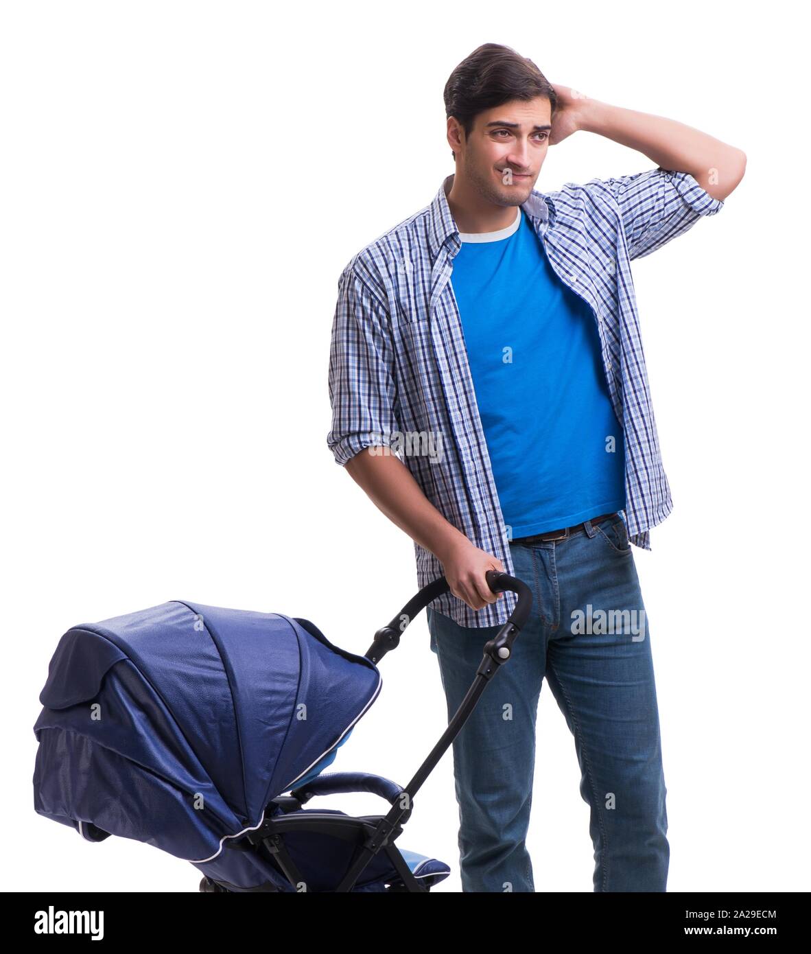 Young dad with child pram isolated on white Stock Photo - Alamy