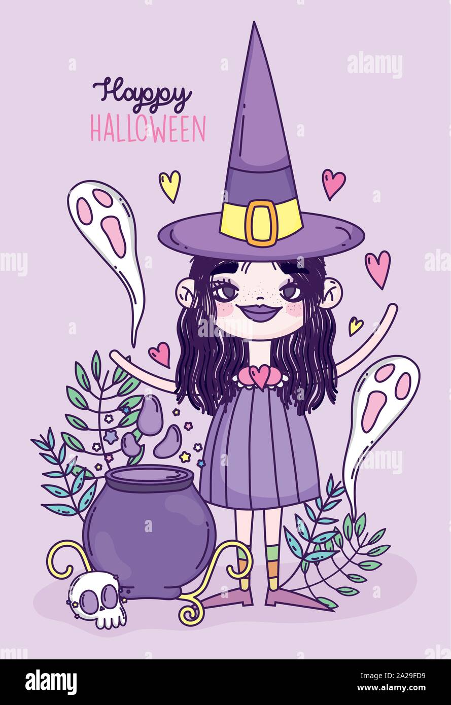 witch girl spell cauldron ghosts skull trick or treat happy halloween ...