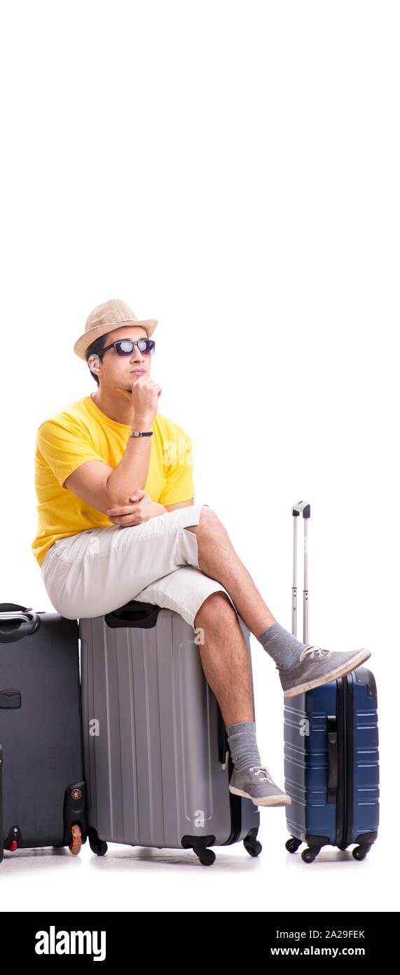 The happy young man going on summer vacation isolated on white Stock ...