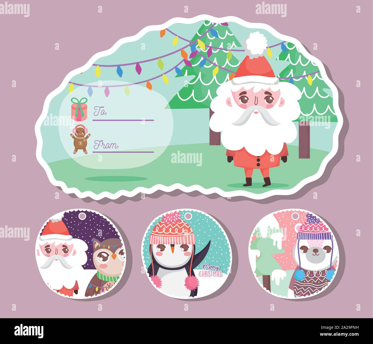 happy merry christmas tags and greeting card santa penguin polar bear ...