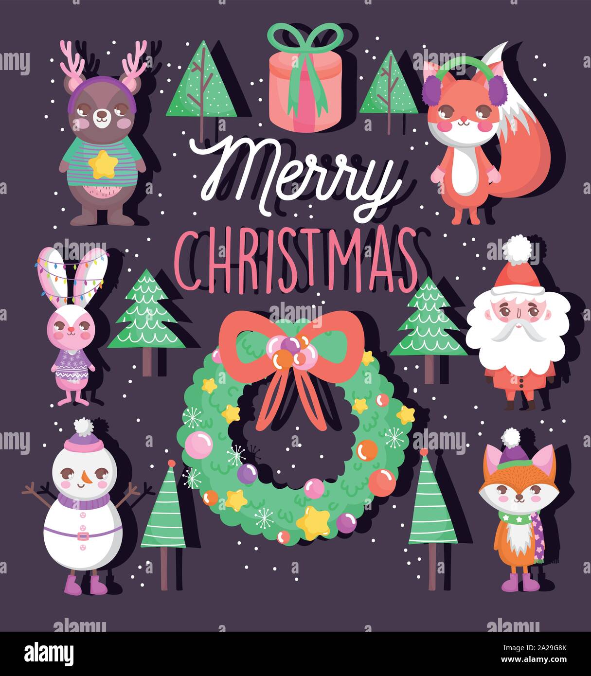 cute happy christmas tags santa fox rabbit snowman gift tree garland ...