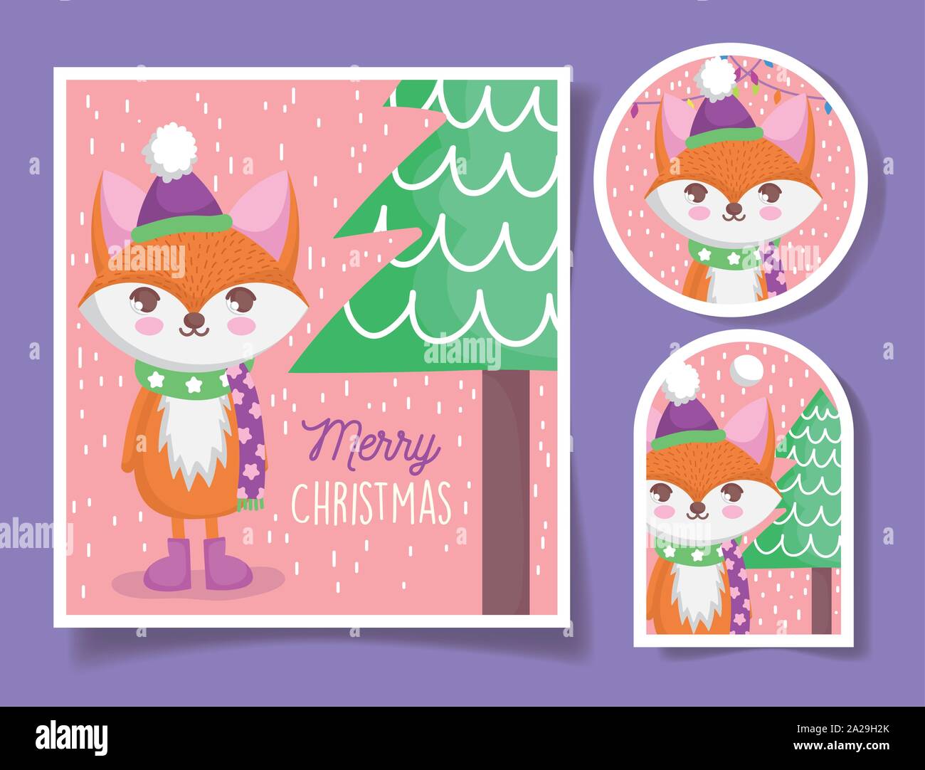 cute fox with scarf pine tree happy christmas tags vector illustration ...