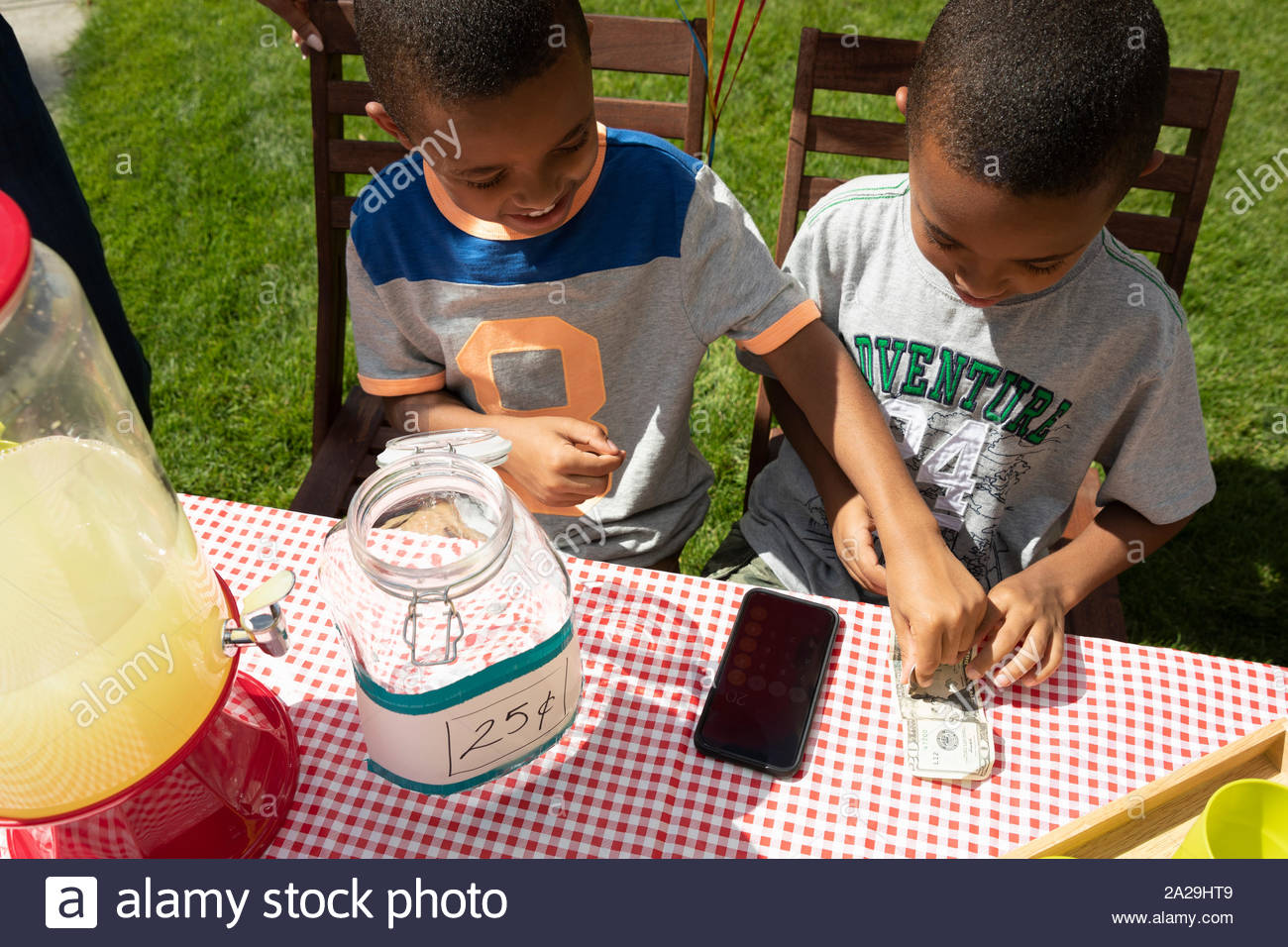 Twin brothers counting money at sunny, summer lemonade stand Stock ...