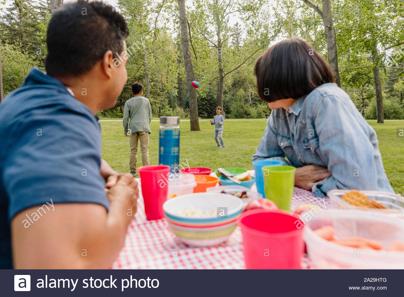 Family having picnic in park, boys playing with ball Stock Photo - Alamy