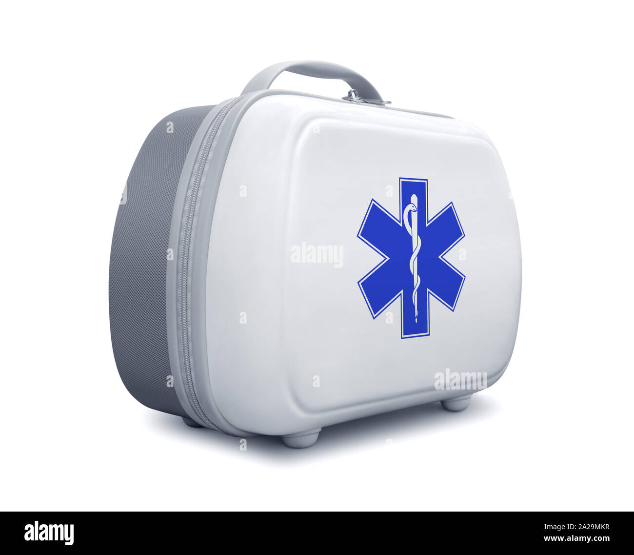First aid kit with star of life logo on white background, diagonal view ...