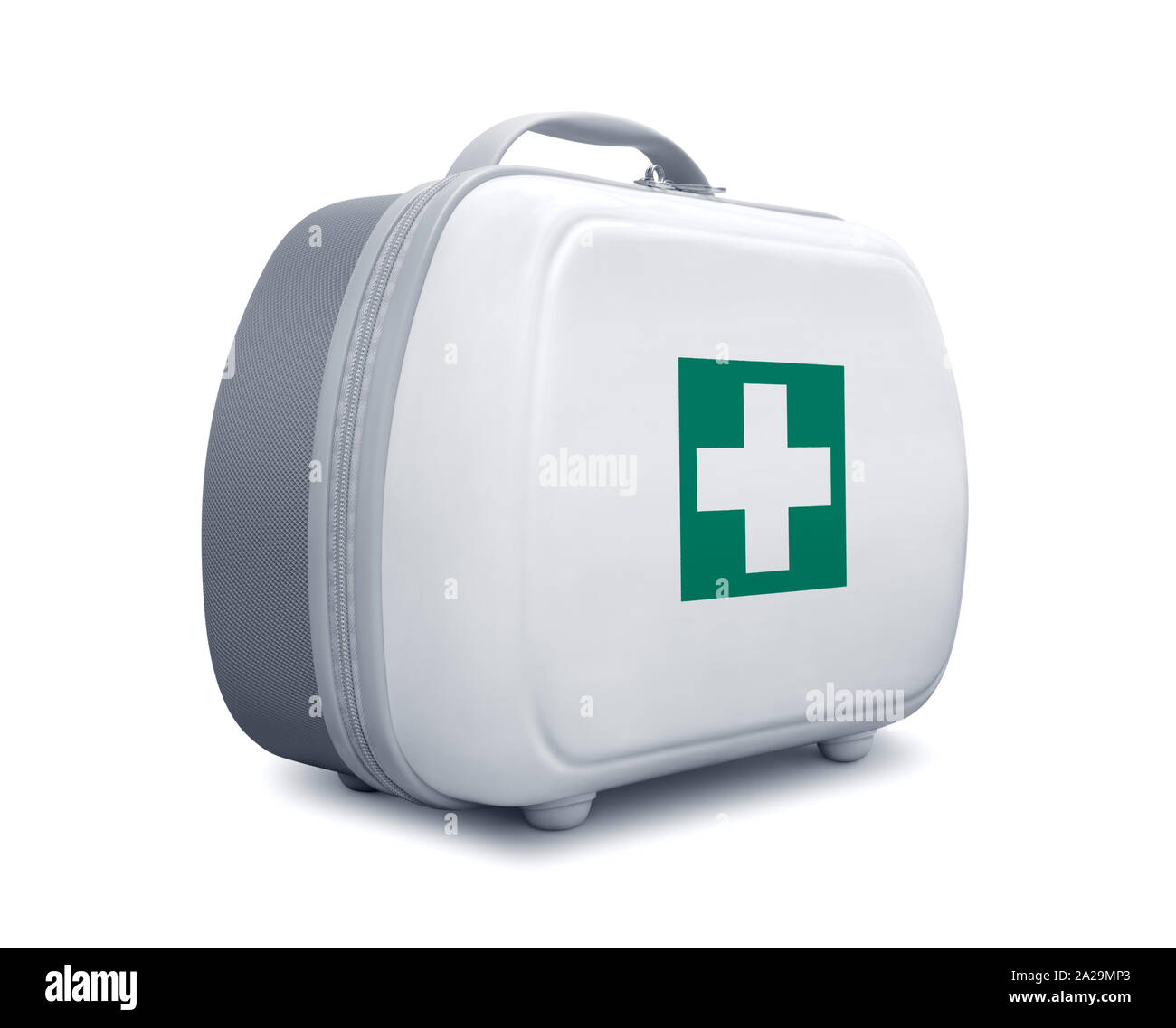 First aid kit with green cross logo on white background, diagonal view ...