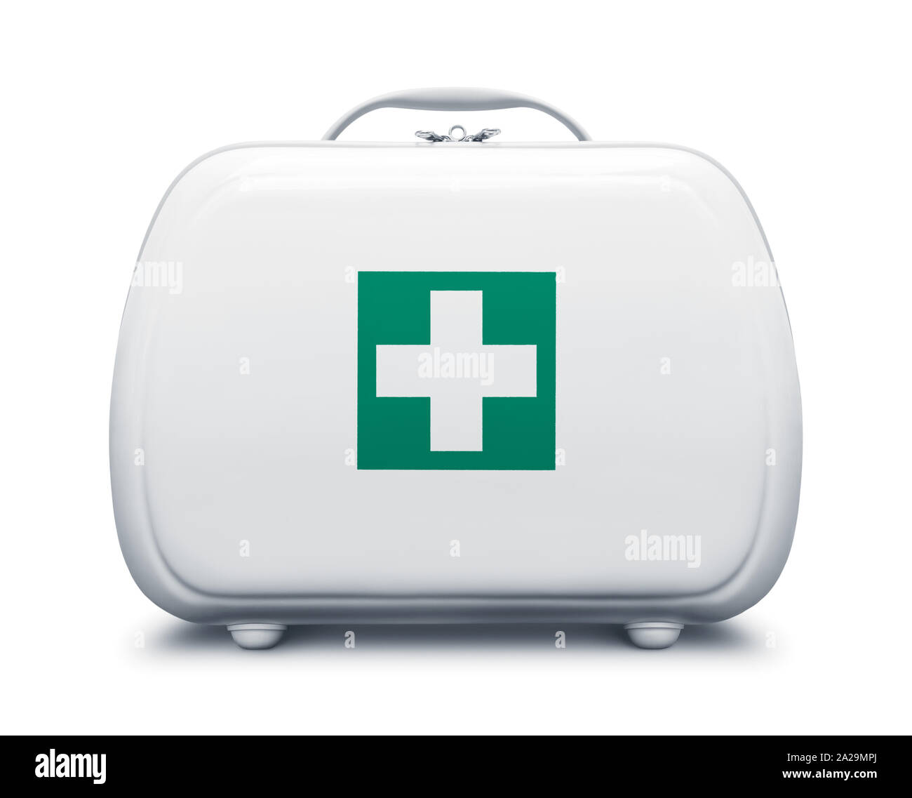 First aid kit with green cross logo on white background, frontal view ...