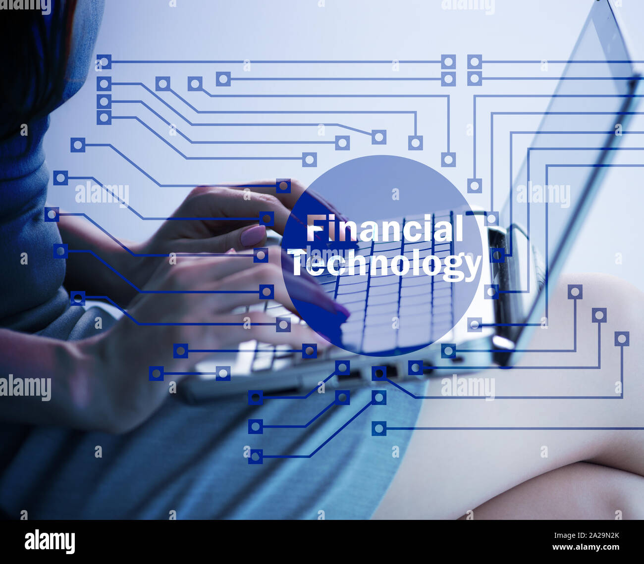 The hands working on laptop in financial technology fintech concept ...