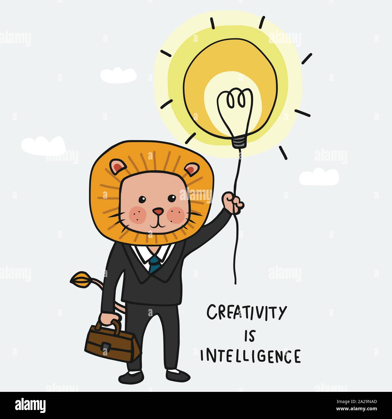Lion wear business costume holding lightbulb balloon with creativity is ...