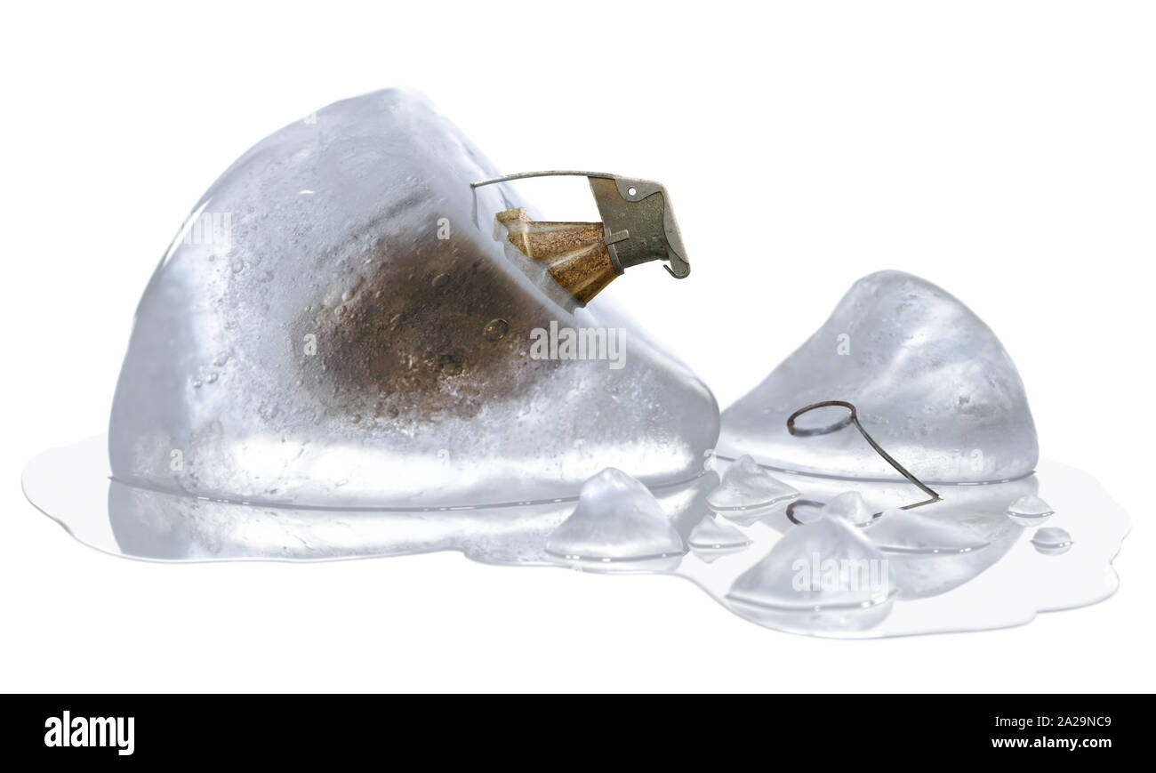 Time bomb represented by unpinned grenade in melting ice, isolated on ...