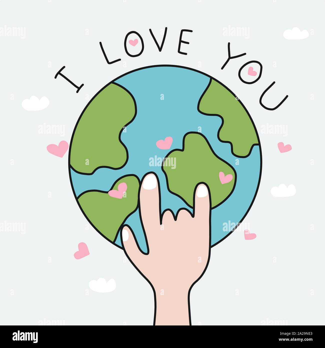 Hand make I love you to earth cartoon vector illustration doodle style ...
