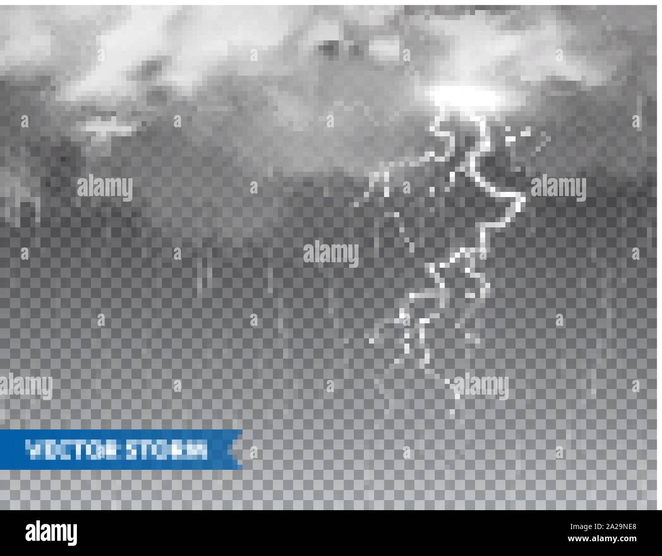 Realistic rain with clouds and lightning on transparent background ...