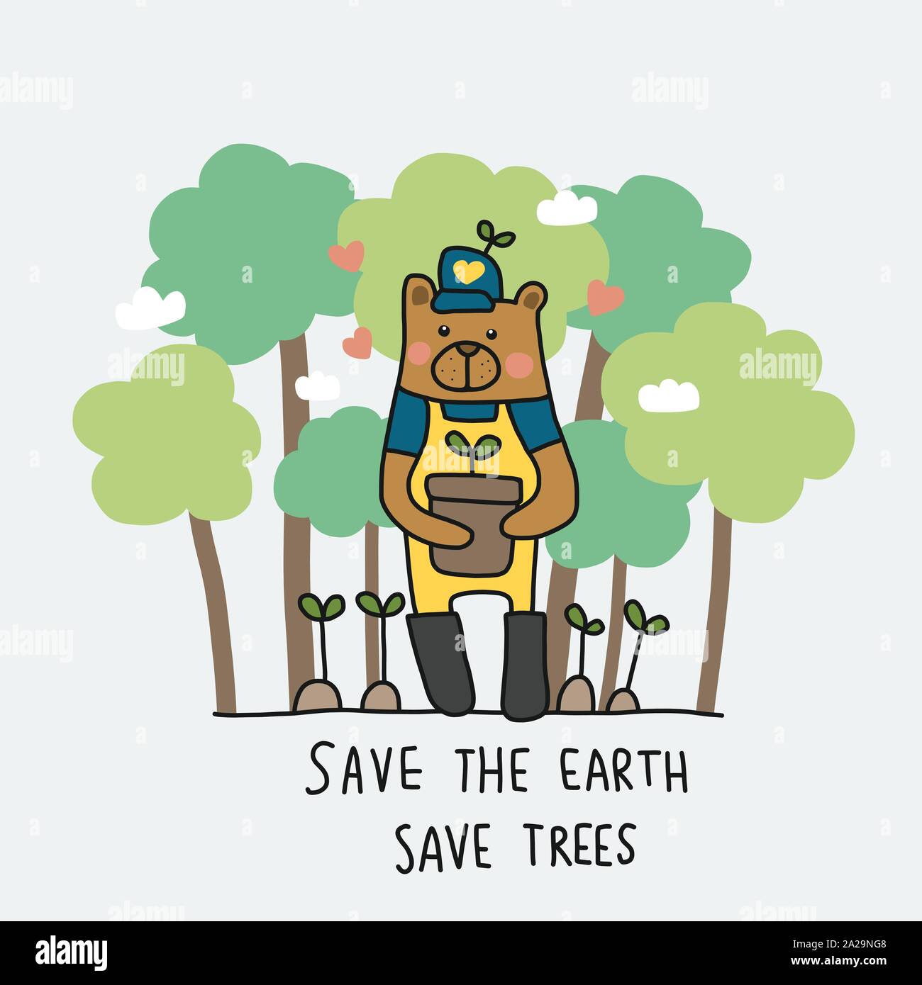 Save the earth, save trees gardener bear cartoon vector illustration ...