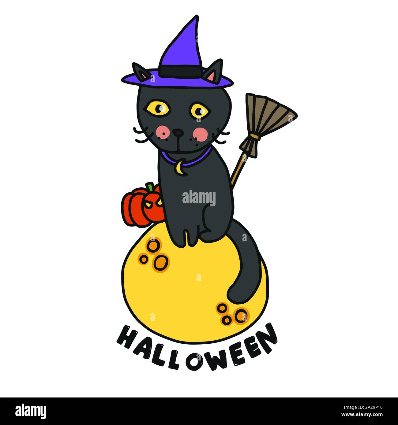 Halloween black cat wear witch hat sit on moon cartoon vector ...