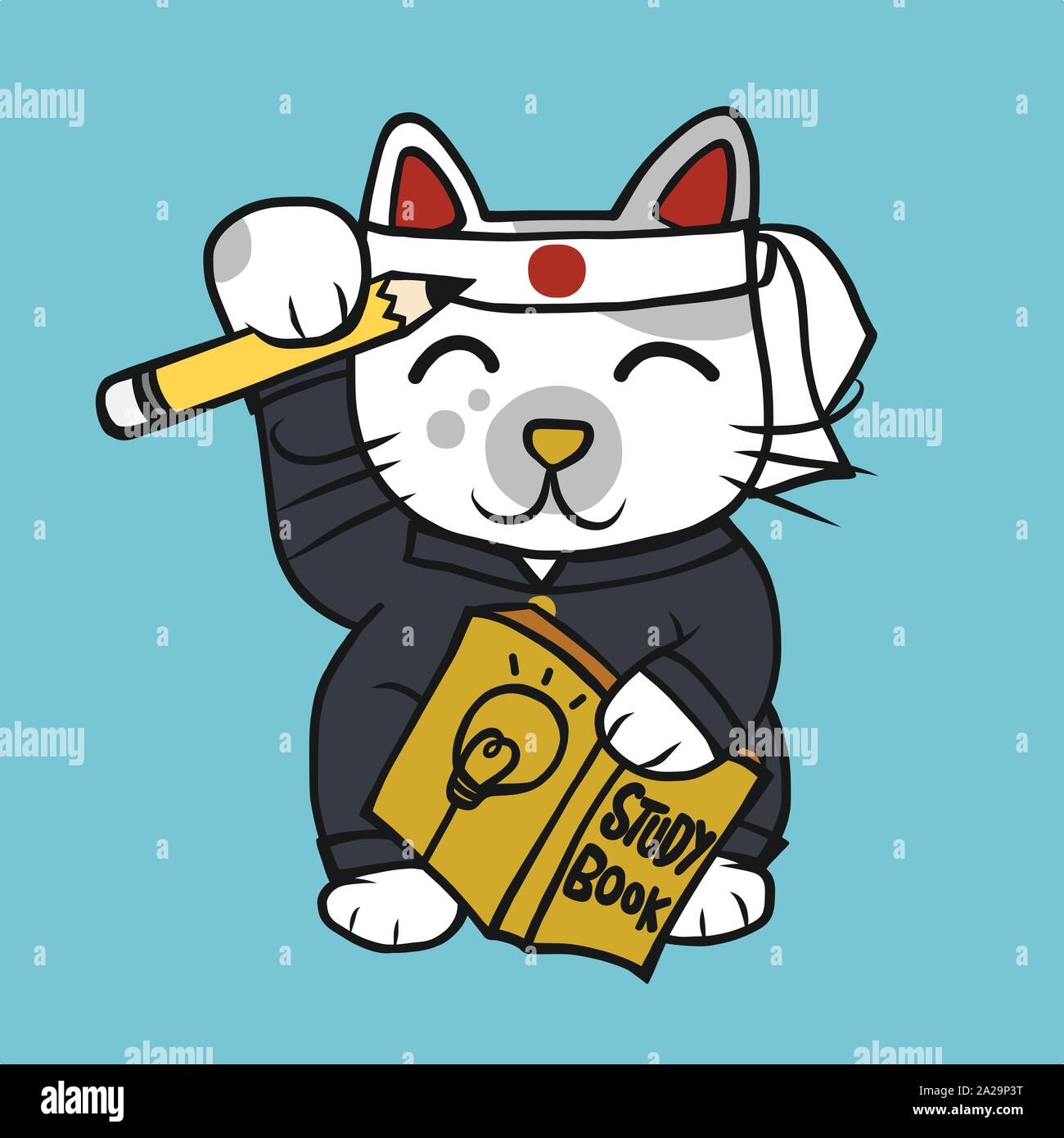 Student lucky cat with study book and pencil cartoon vector ...