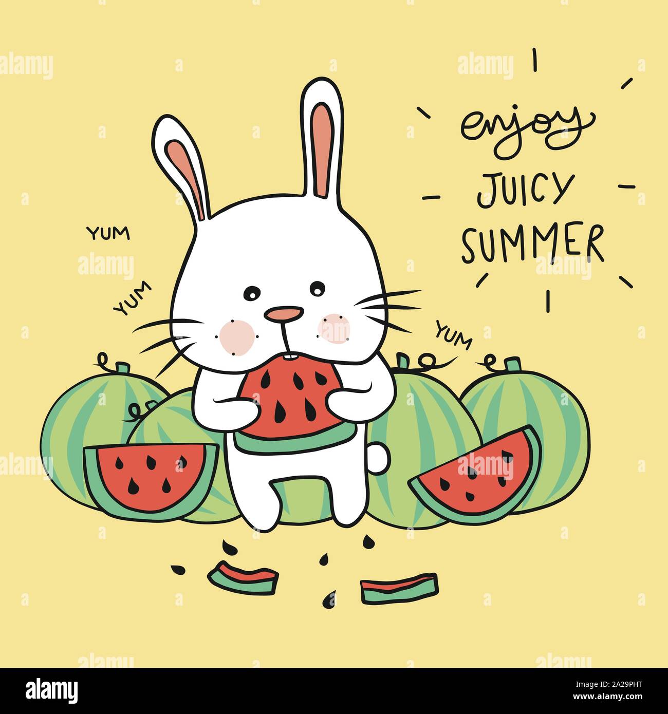 Enjoy juicy summer cute white rabbit eat watermelon cartoon vector ...