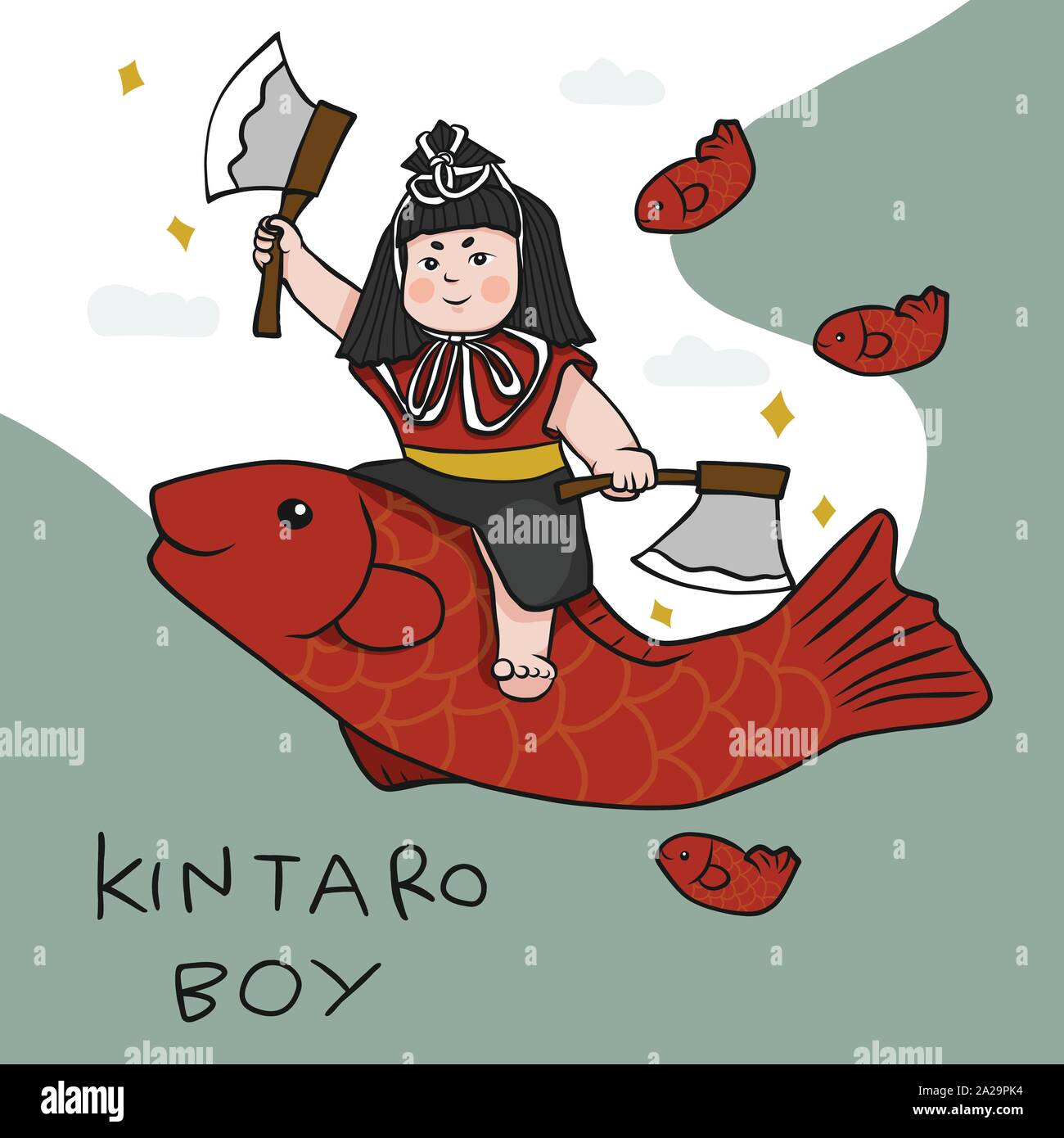 Kobo-tensho Kintaro boy (a folk hero from Japanese folklore) riding big ...