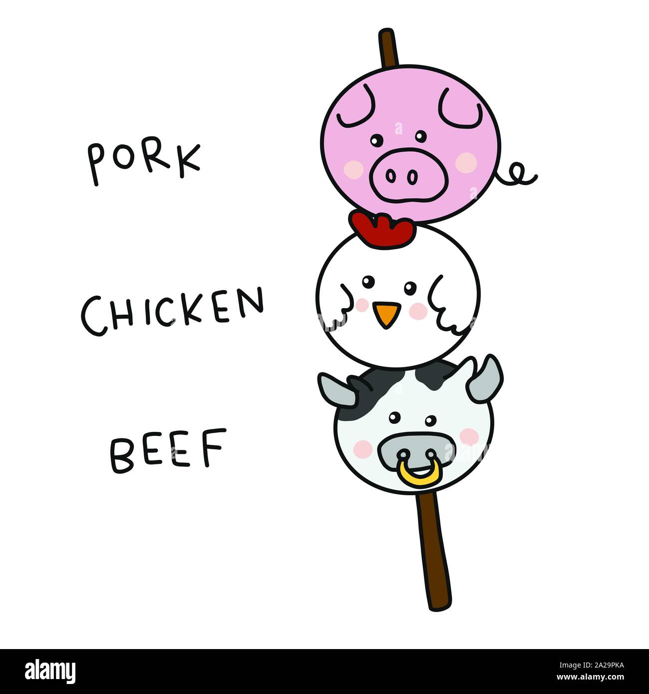 Pork, Chicken and Beef ball in wood stick cartoon vector illustration ...