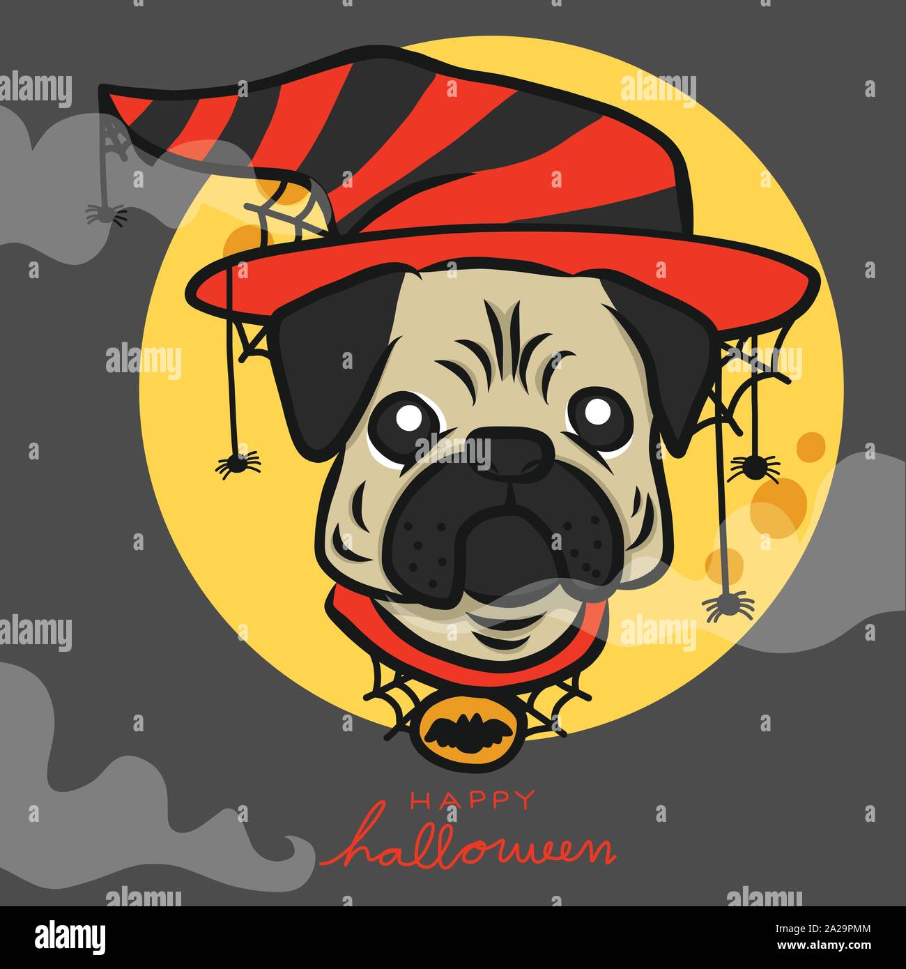Pug wear witch hat and spiders Happy Halloween with full moon cartoon ...