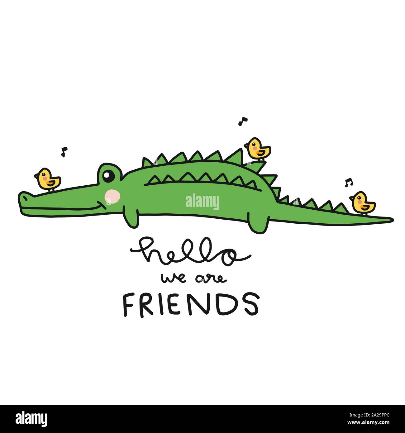 Hello we are friends, crocodile with little birds cartoon vector ...