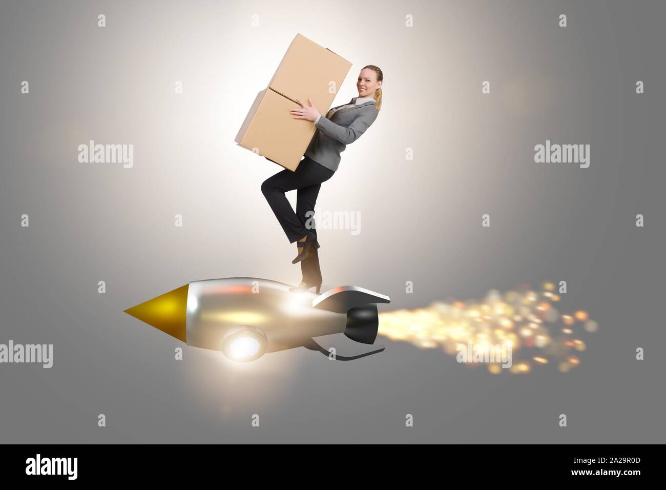 The woman flying rocket and delivering boxes Stock Photo - Alamy