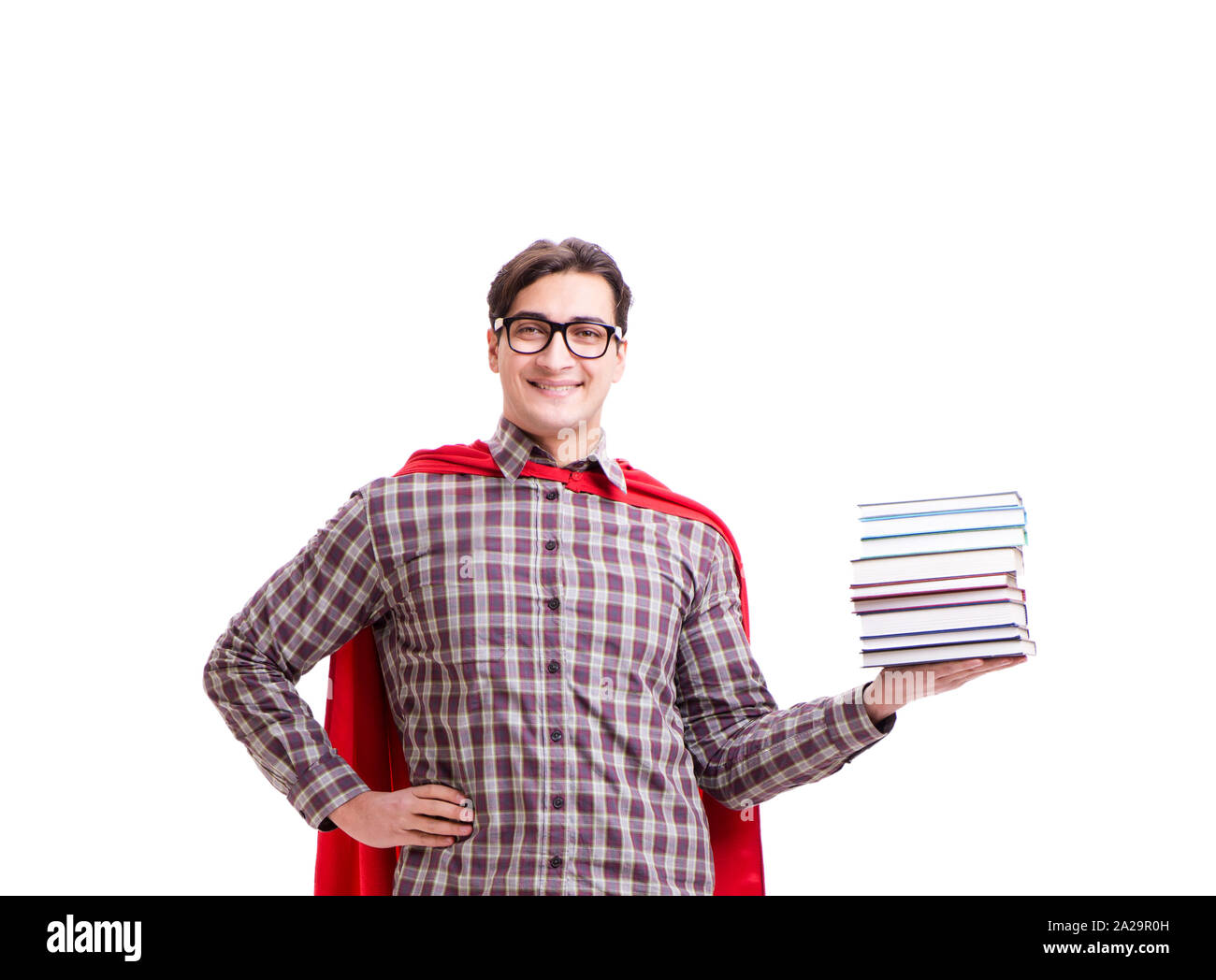 The super hero student with books isolated on white Stock Photo - Alamy