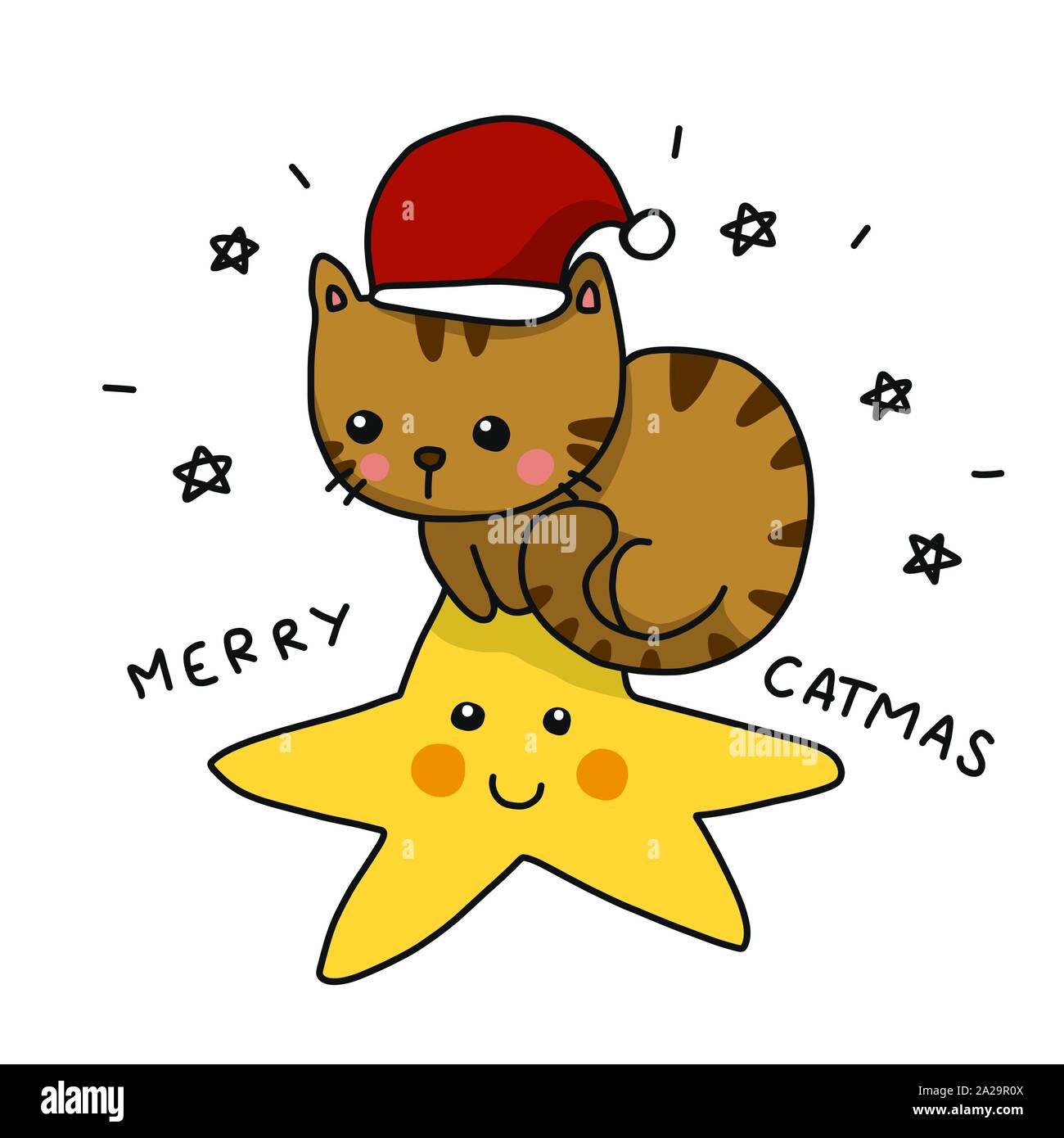 Merry Catmas cute cat wear Santa hat siting on star cartoon vector ...