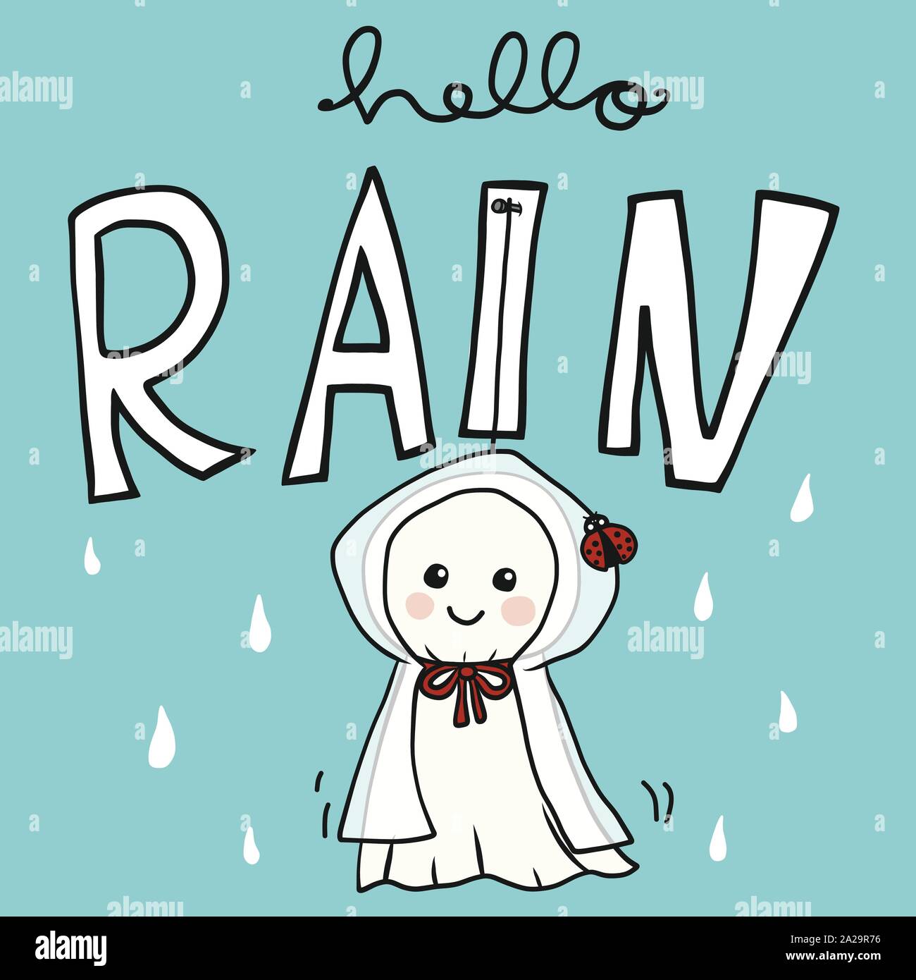 Hello rain, rainy doll with ladybug cartoon doodle style vector ...