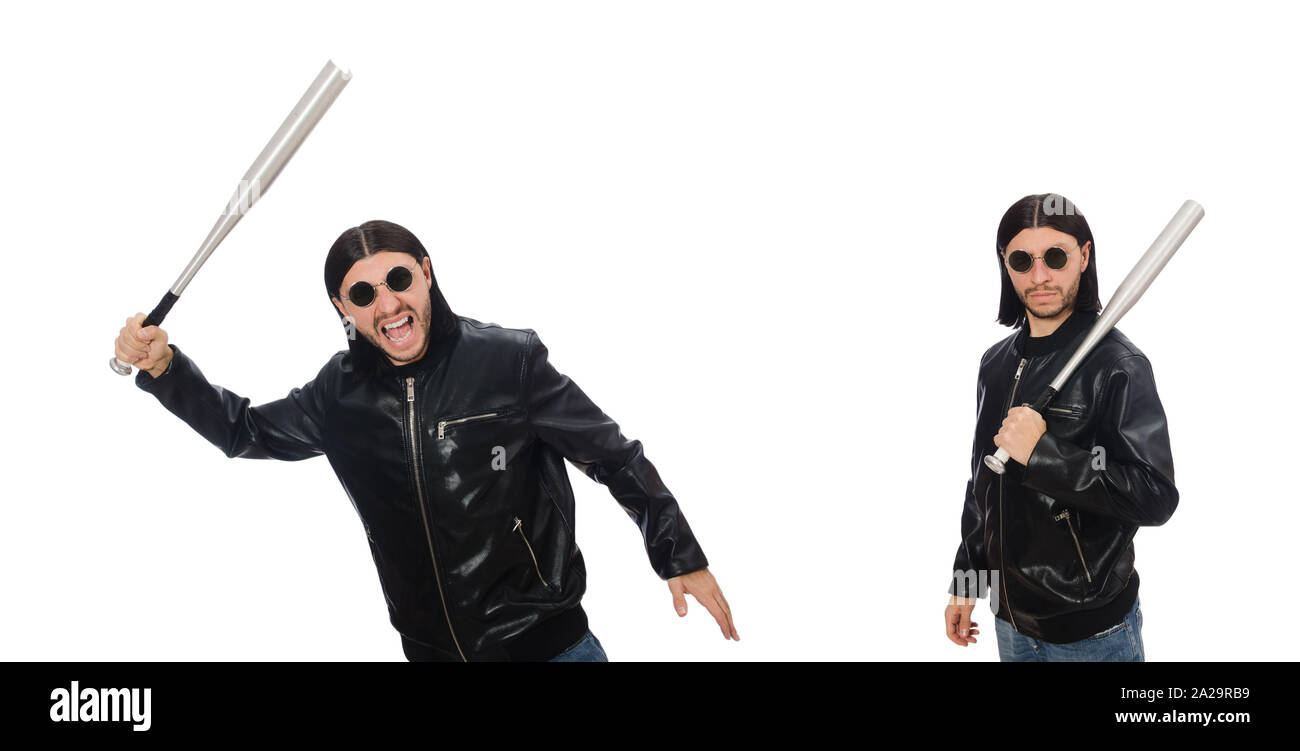 The aggressive man with baseball bat on white Stock Photo - Alamy