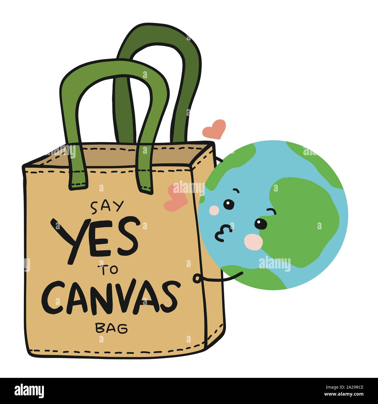 Say yes to canvas bag, earth kissing paper bag cartoon vector ...