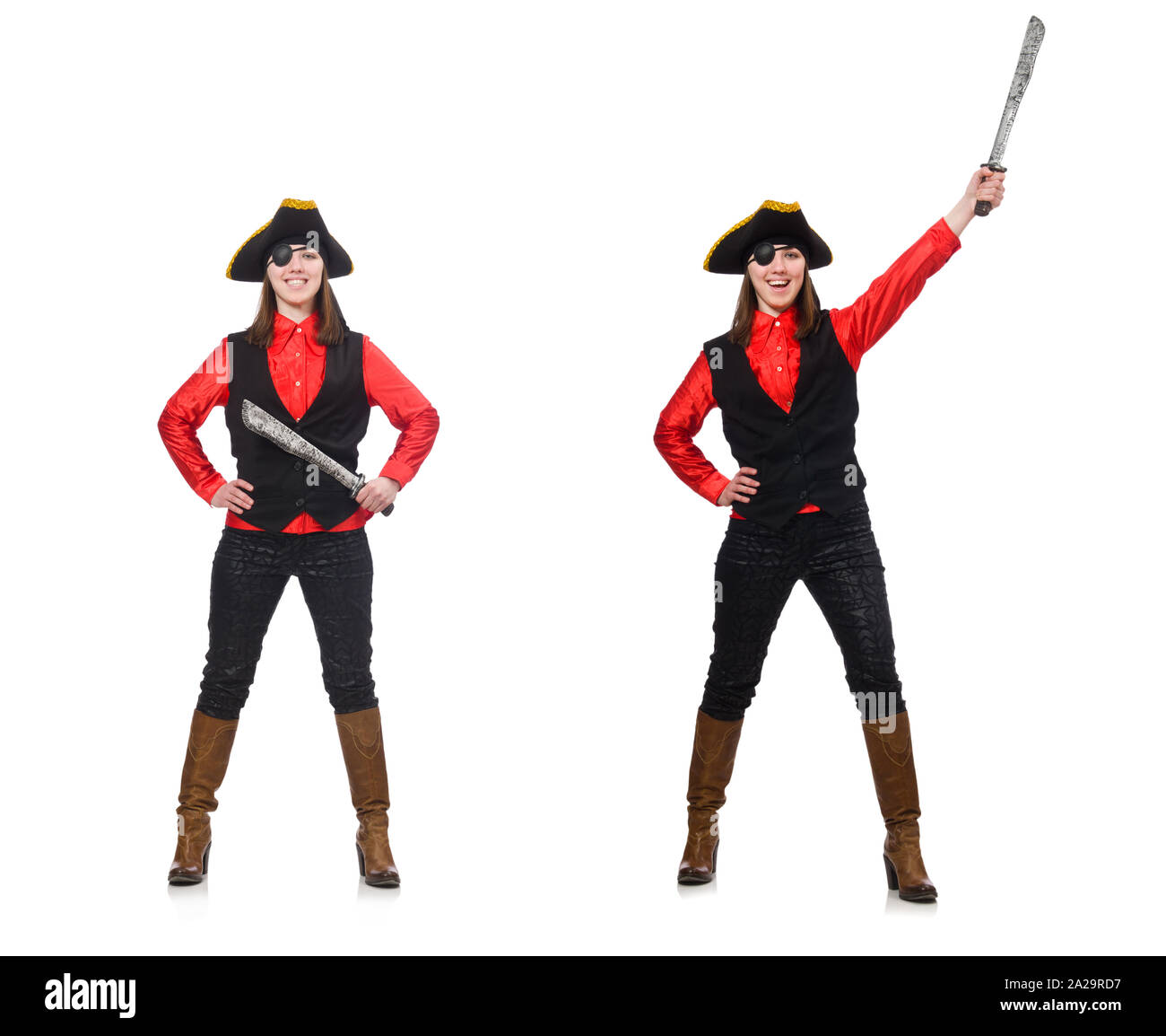 The female pirate holding sword isolated on white Stock Photo - Alamy