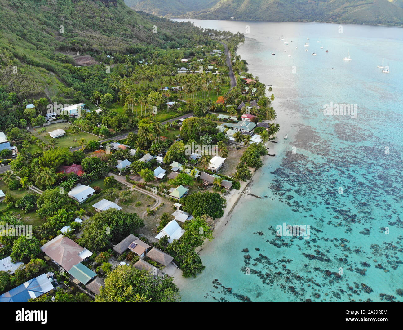MOOREA, FRENCH POLYNESIA -30 NOV 2018- Aerial view of the Moorea lagoon ...