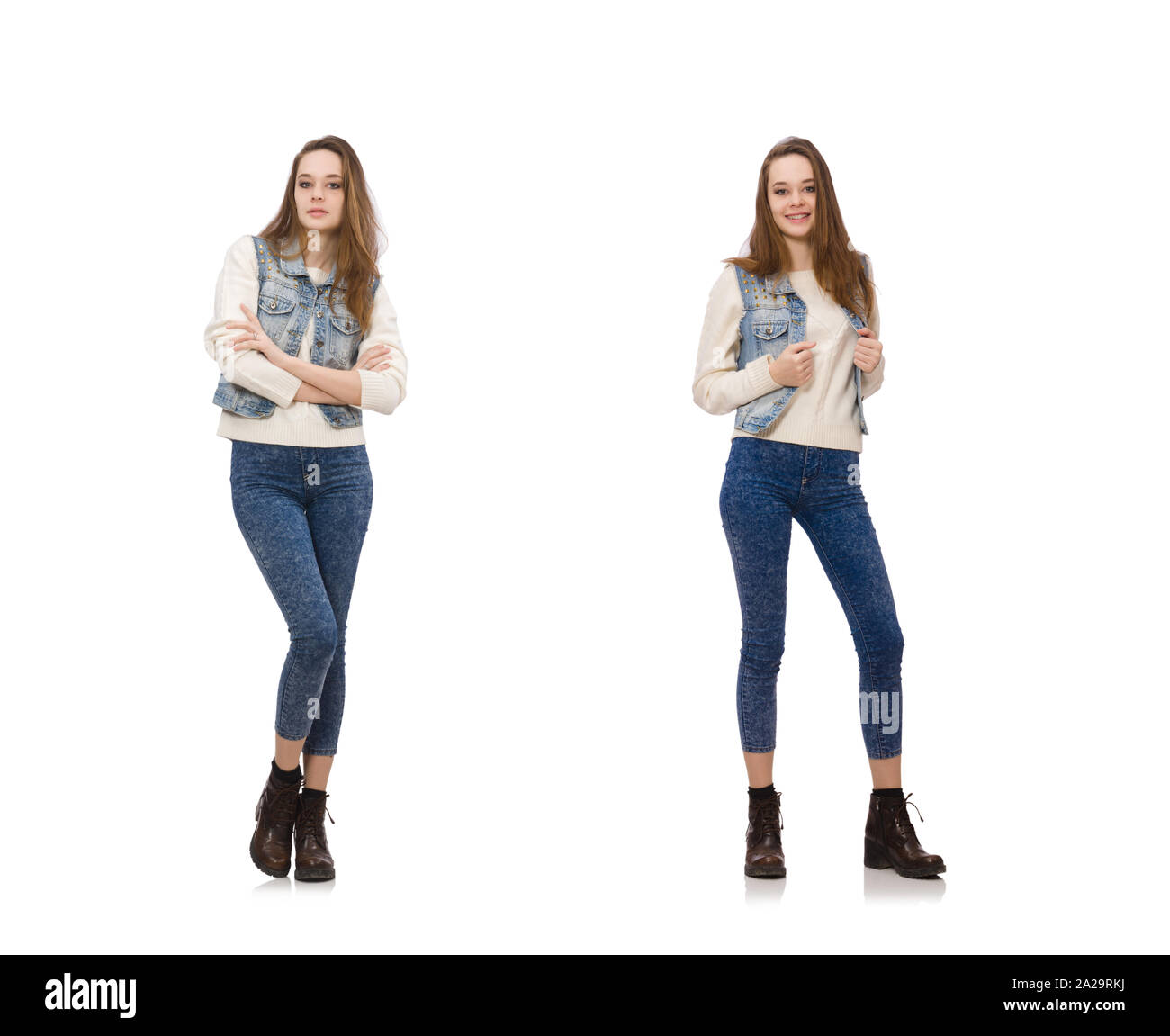 The pretty girl in jeans clothing isolated on white Stock Photo - Alamy