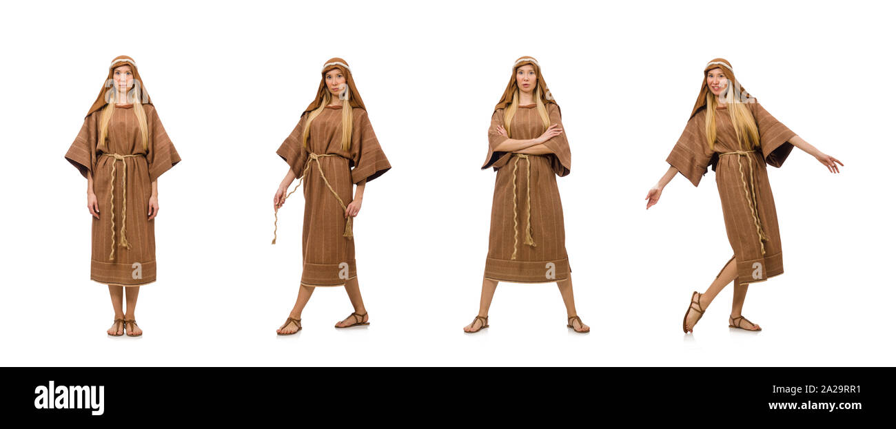 The woman wearing medieval arab clothing on white Stock Photo - Alamy