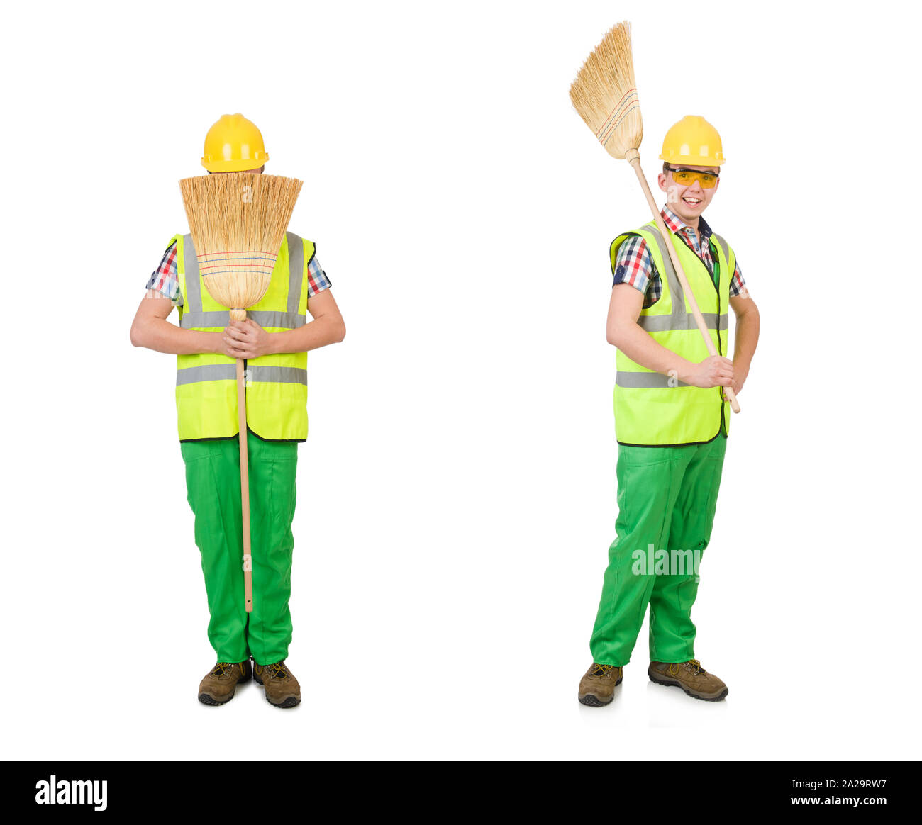 The funny janitor with broom isolated on white Stock Photo - Alamy