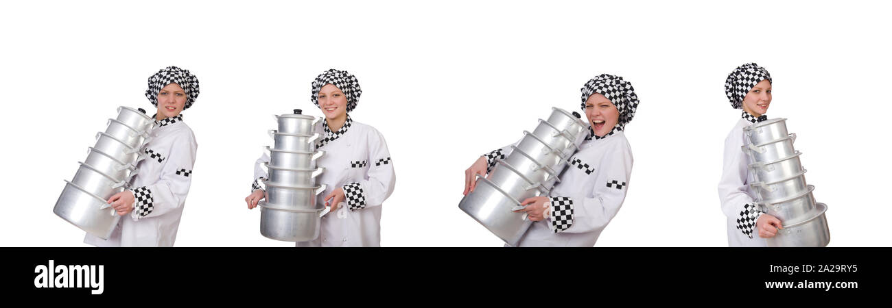 The cook with stack of pots on white Stock Photo - Alamy