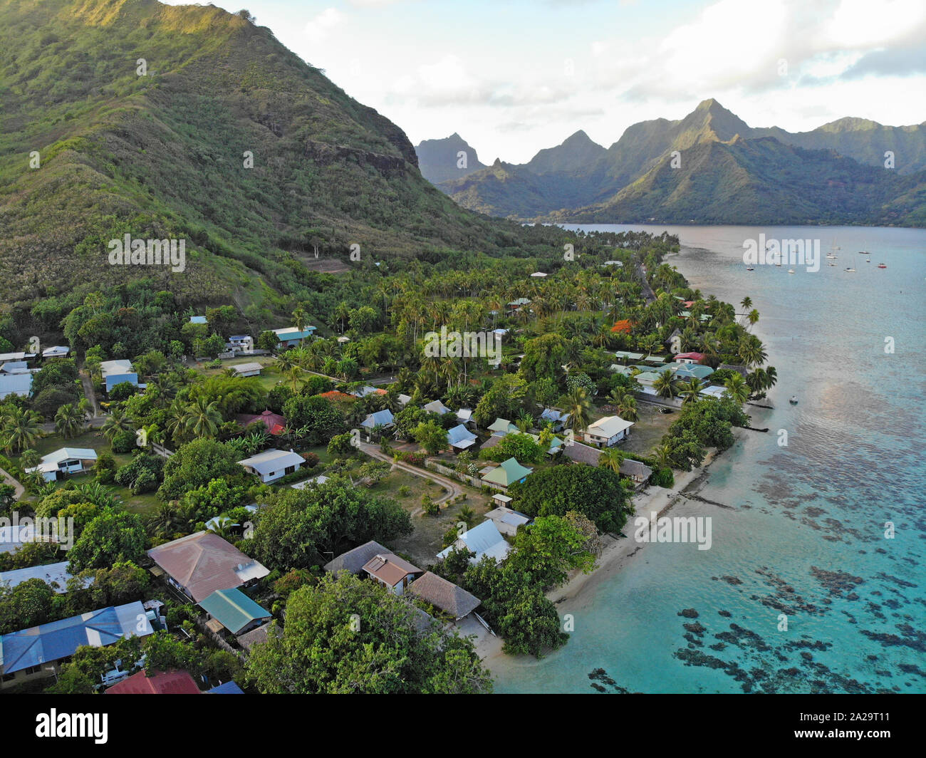 MOOREA, FRENCH POLYNESIA -30 NOV 2018- Aerial view of the Moorea lagoon ...