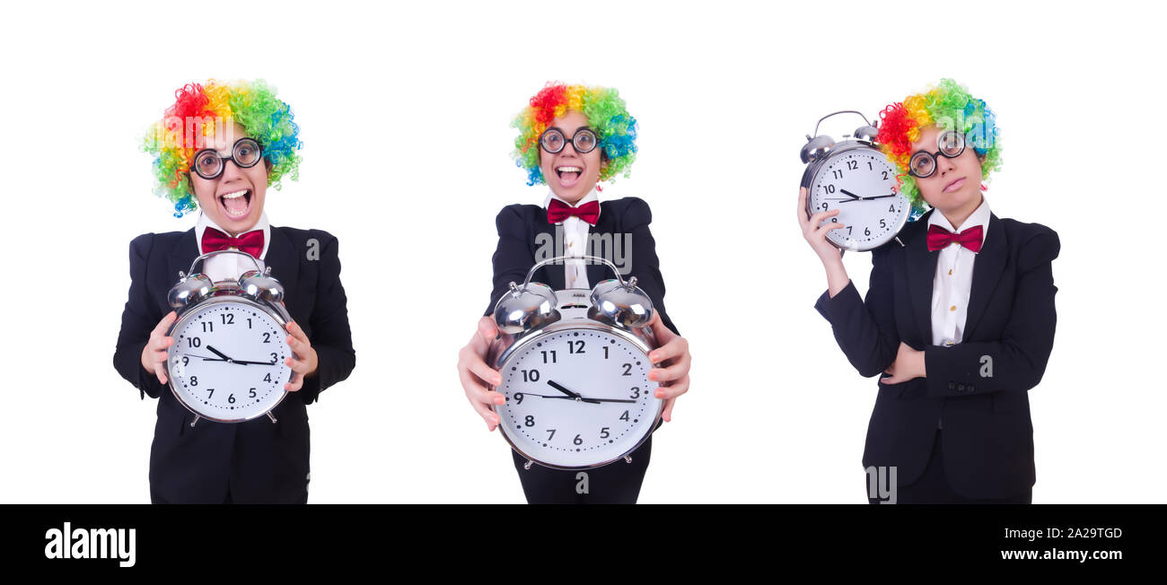 The funny clown with clock on white Stock Photo - Alamy