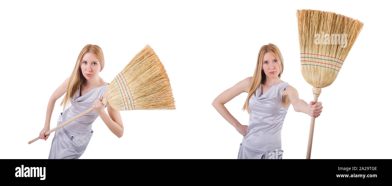The young woman with broom on white Stock Photo - Alamy