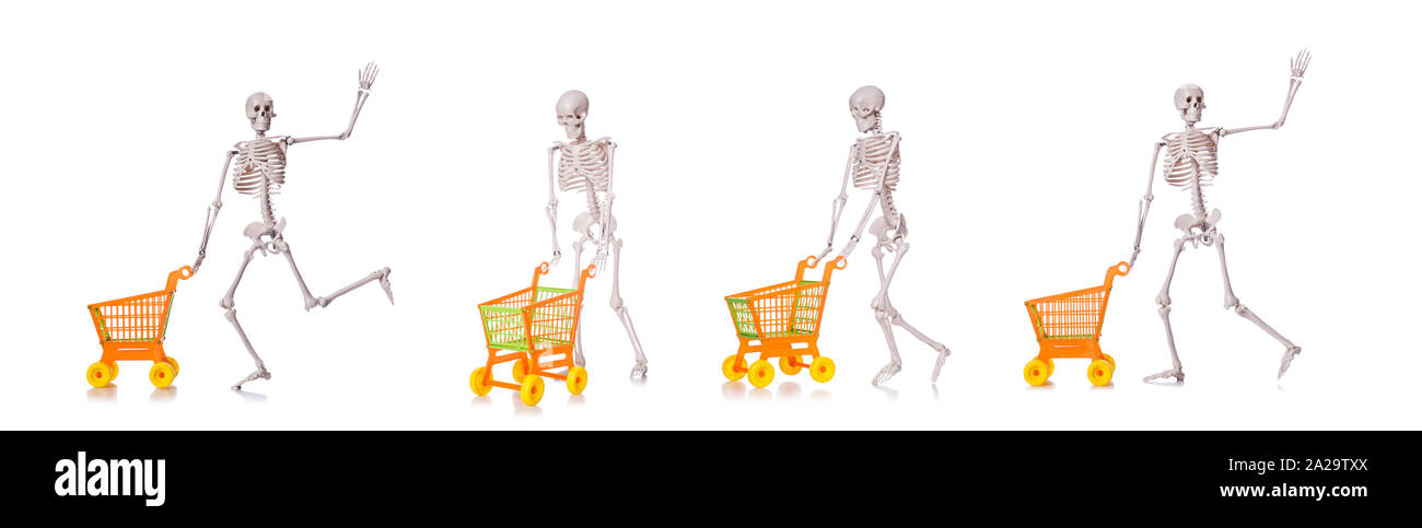 The skeleton with shopping cart trolley isolated on white Stock Photo ...