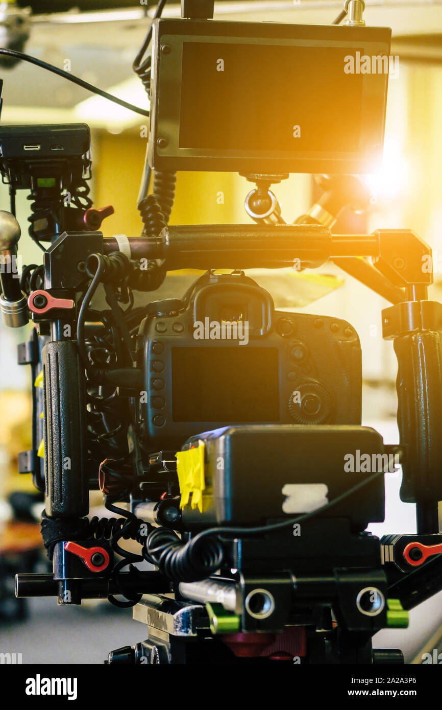 Film industry. Filming with professional camera background Stock Photo ...